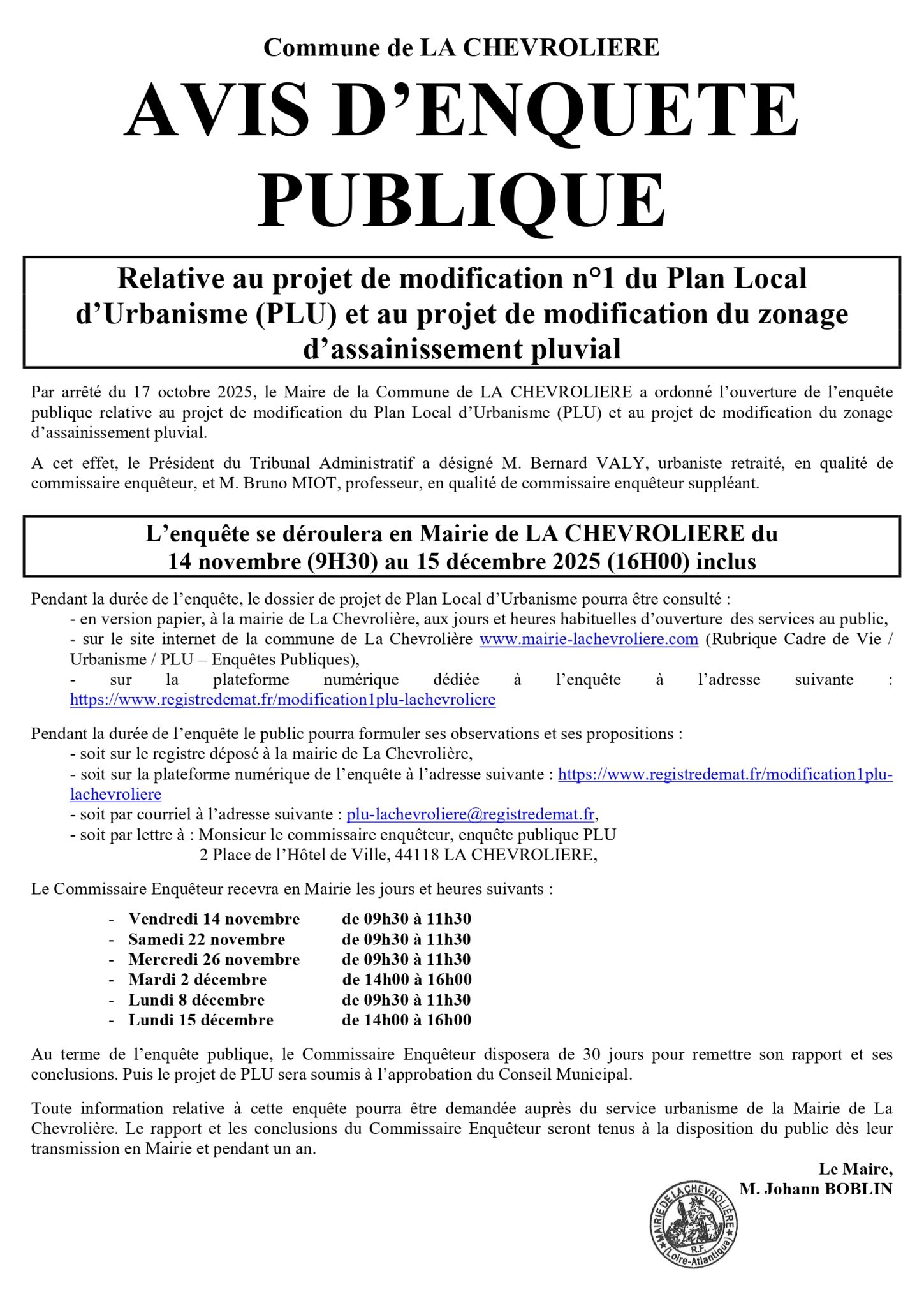 ENQUETE PUBLIQUE sur la modification du PLU du 14 novembre au 15 décembre - La Mairie de La ...
